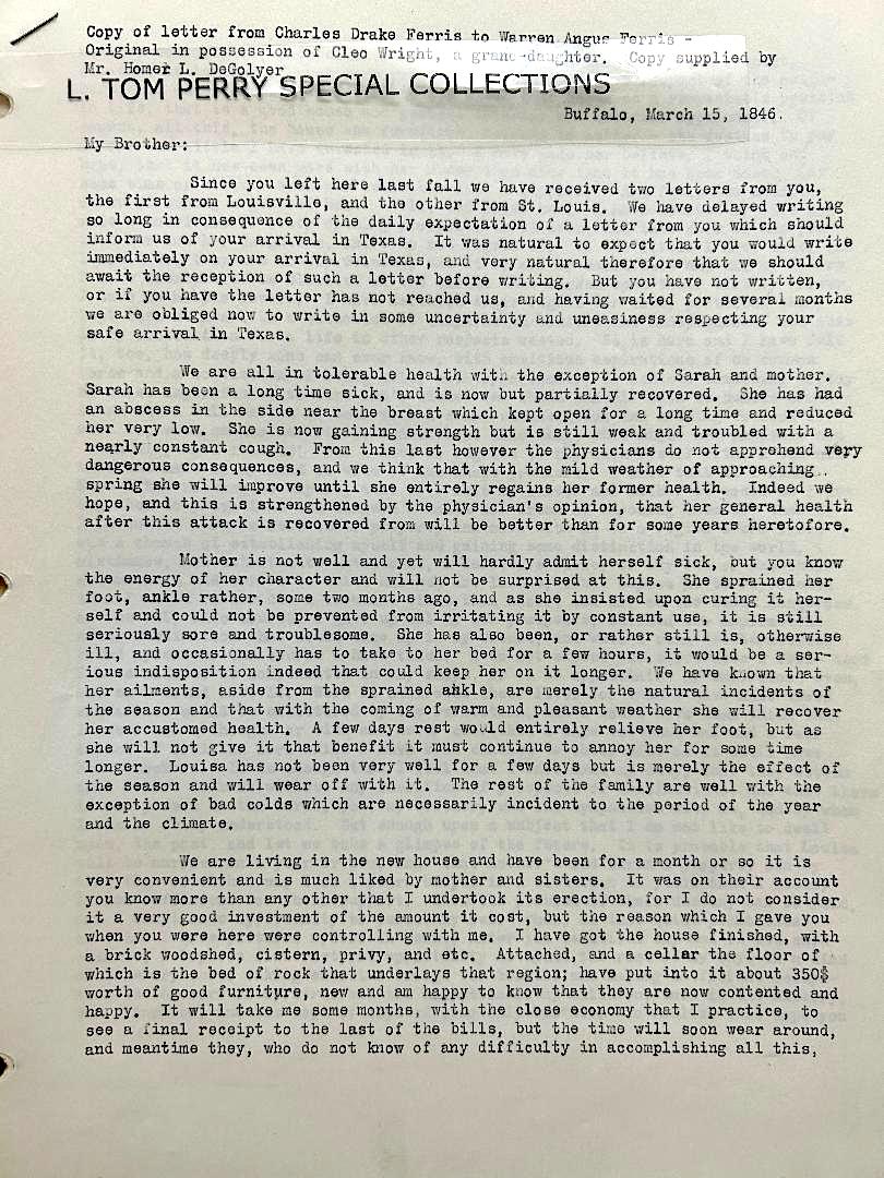 March 15, 1846: Letter from Charles Ferris to Warren Ferris – Warren ...